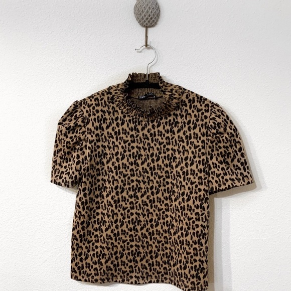 Zara | Tops | Zara High Neck Cheetah Top Short Sleeves | Poshmark